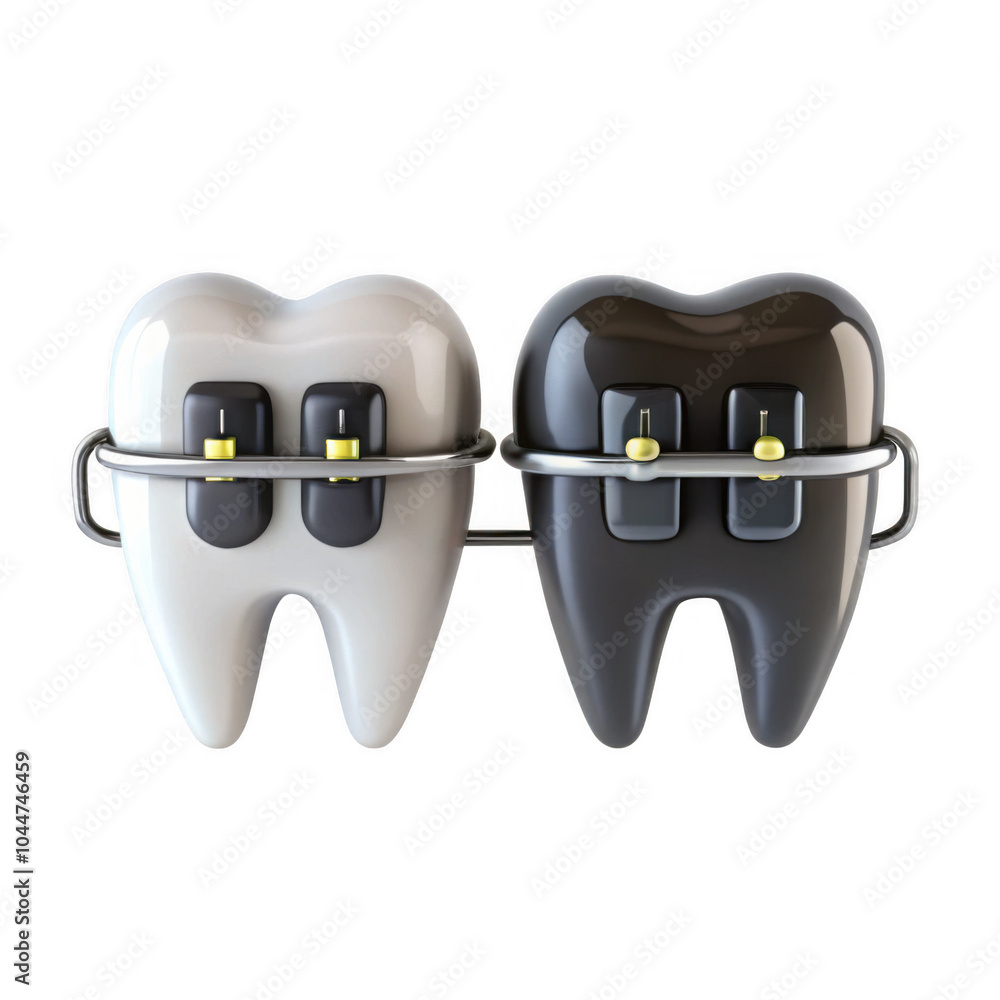 A stylized graphic showing two cartoon teeth, one white and one black ...
