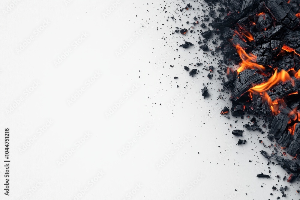 Glowing embers and ashes from a dying fire, isolated on white ...