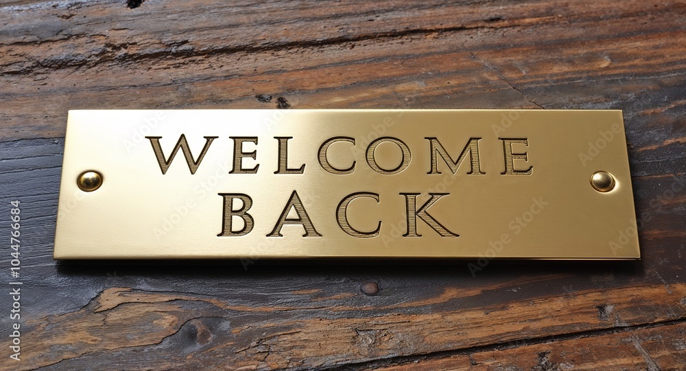 welcome back engraved text on gold name plate sign Stock Illustration ...