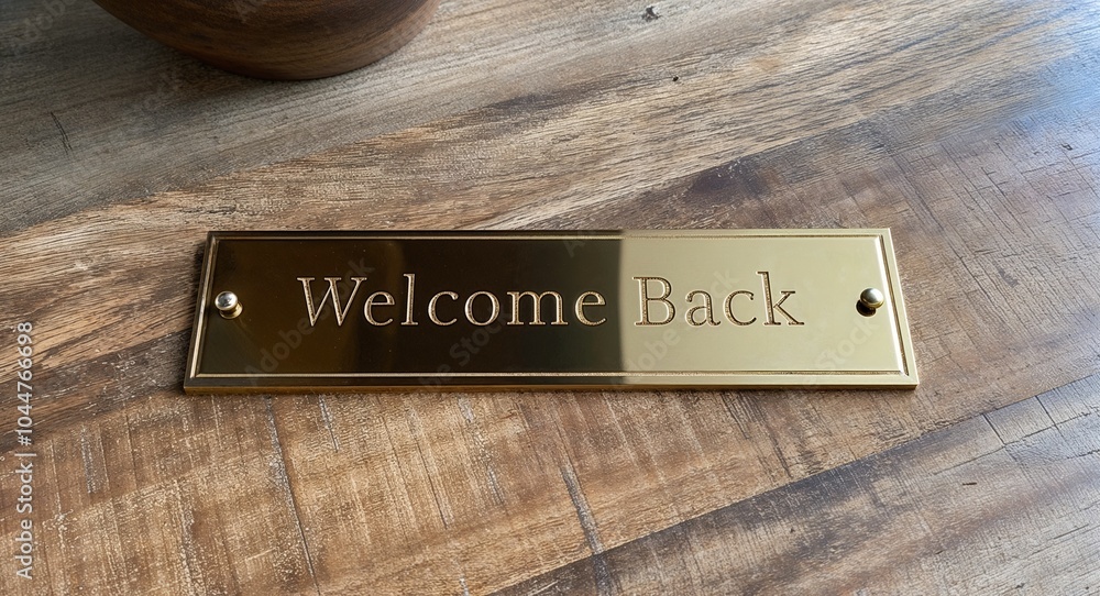 welcome back engraved text on gold name plate sign Stock Illustration ...