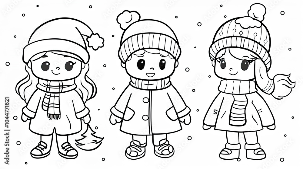 Happy children in winter clothes. Coloring page for kids. Christmas ...