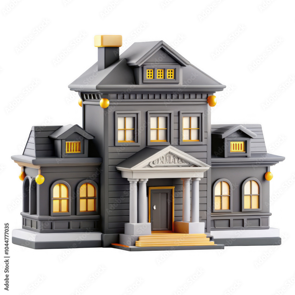 A 3D model of a haunted house with dark coloring and glowing windows ...