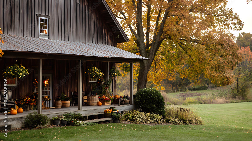 A historical harvest storage barn with vintage farming tools displayed ...
