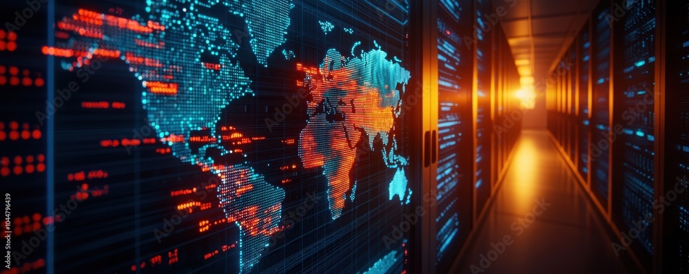 Data center corridor with illuminated servers and digital world map ...