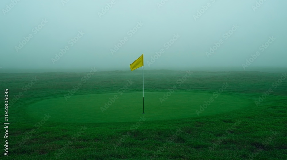 Golf course in dense fog, glowing yellow flag as focal point, misty ...
