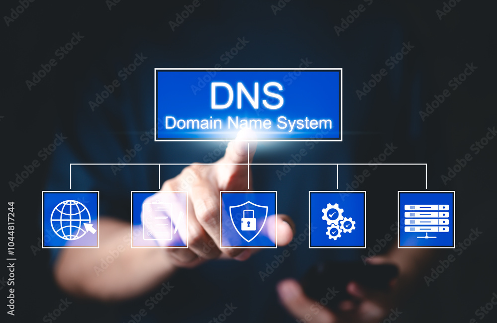 DNS - Domain Name System and website concept. DNS interface, with icons ...