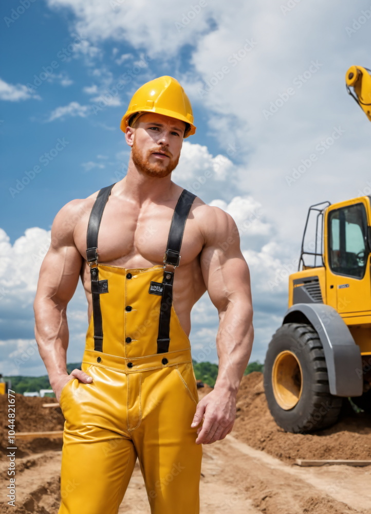 Fotografie muscular construction worker wearing a hard hat and yellow ...