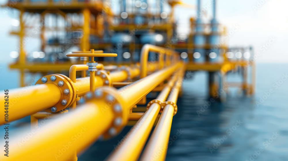 Offshore oil rig with yellow pipelines extending into ocean, showcasing ...