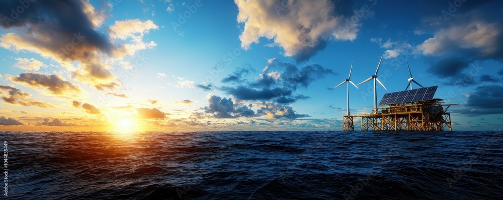 Wind turbines and solar panels on an offshore platform at sunset ...