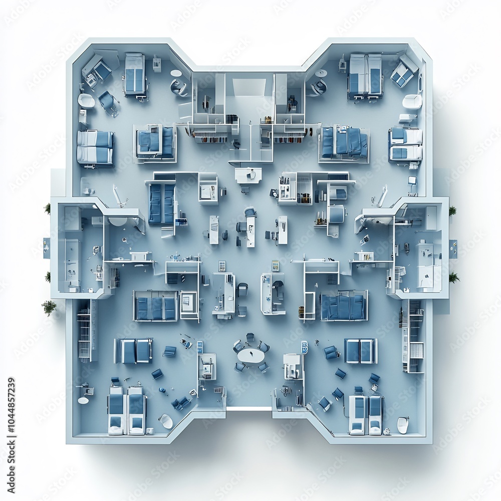 Detailed 3D render showing comprehensive hospital floor plan including ...