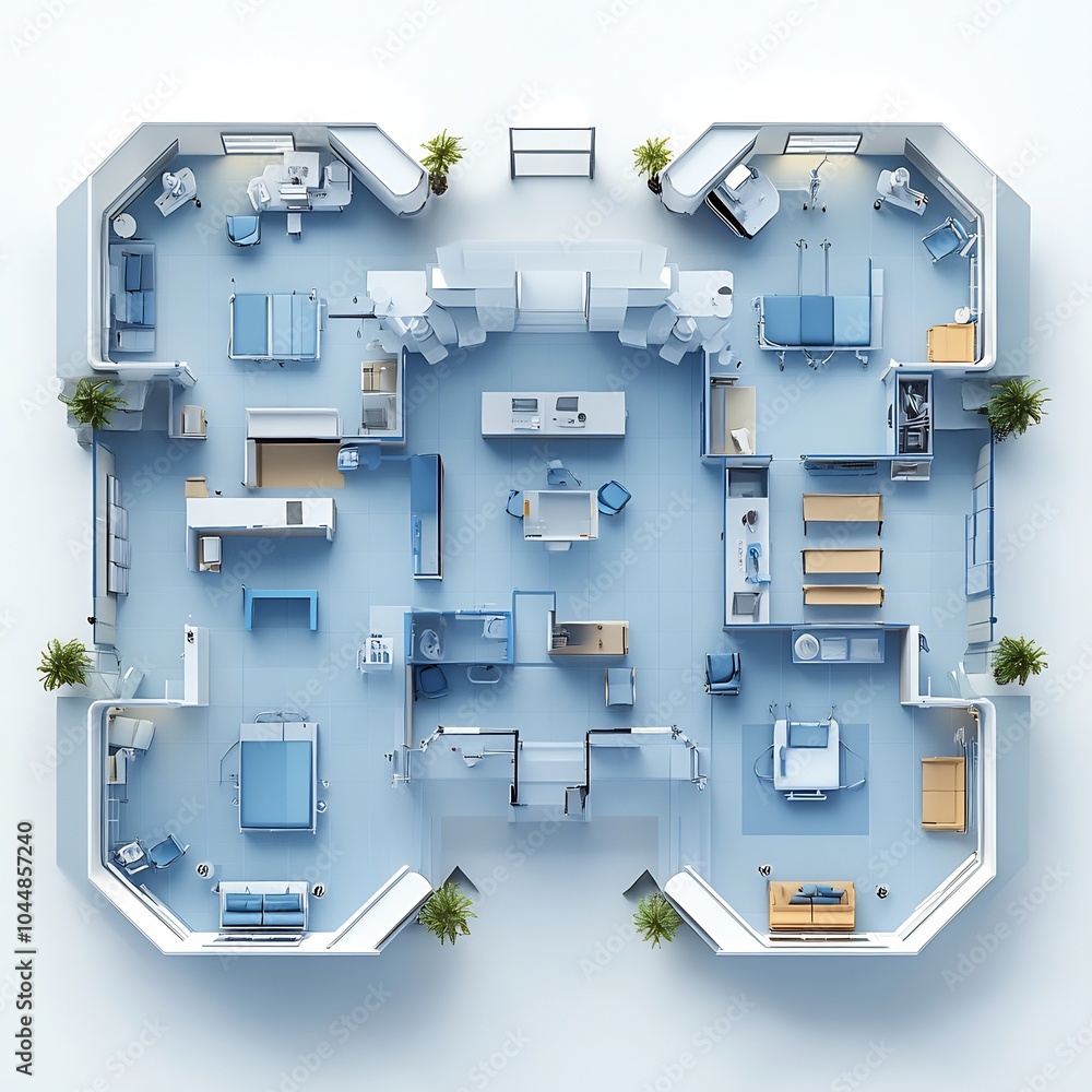 Detailed 3D render showing comprehensive hospital floor plan including ...