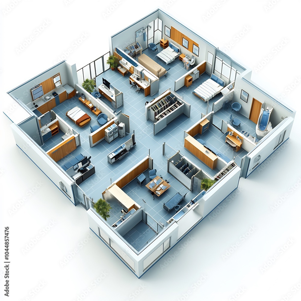 Detailed 3D render showing comprehensive hospital floor plan including ...