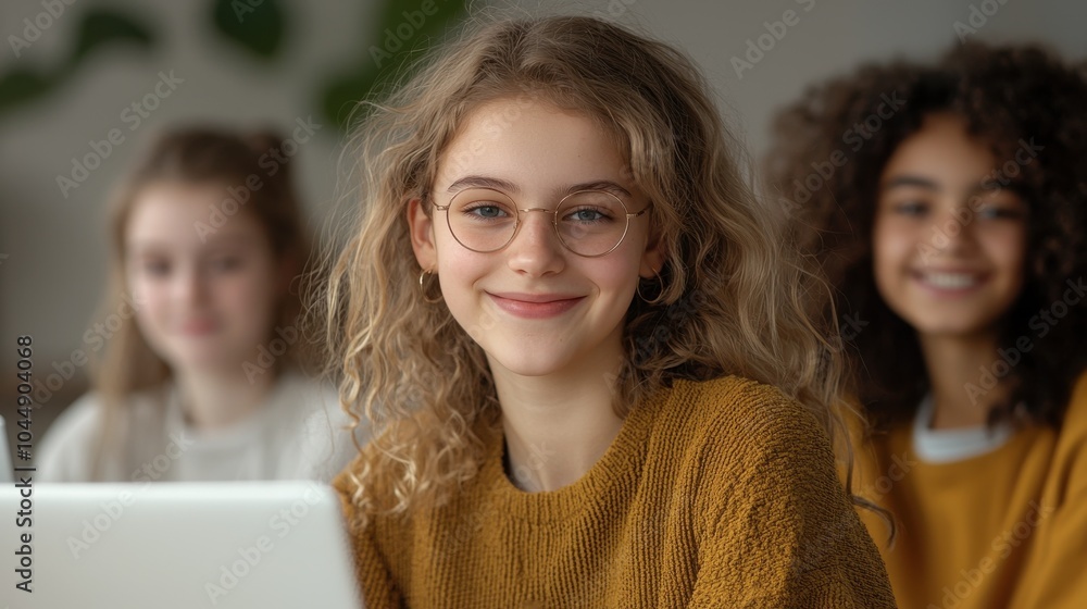 Three young women are learning coding together, smiling and engaged, in ...