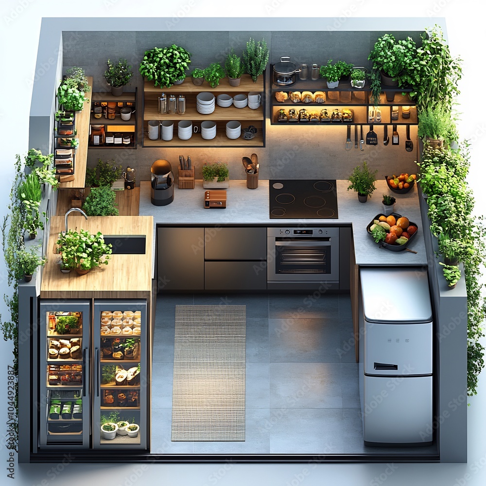 Topdown 3D render of sleek kitchen with an island open shelving system ...