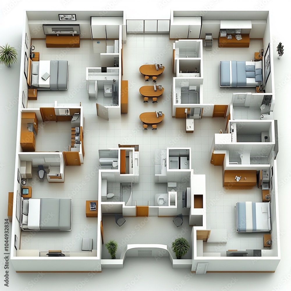 Ilustración de Stock Top view 3D floor plan render of hospital with ...