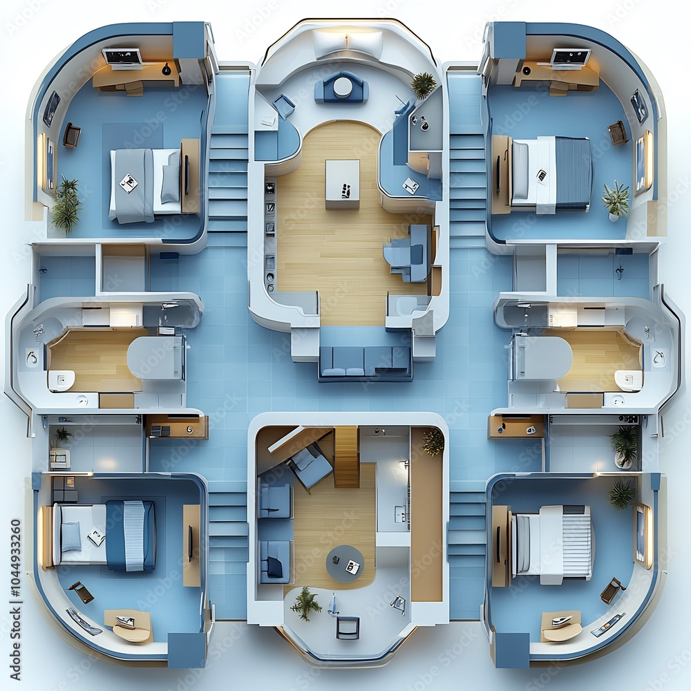 Top view 3D floor plan render of hospital with specialized areas for ...