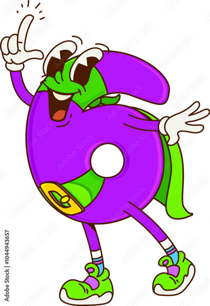 Cartoon groovy math number six superhero character. Isolated vector ...