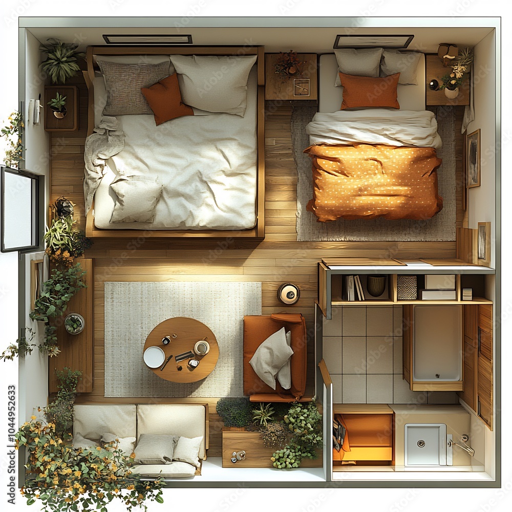 Top view 3D render of cozy guest room with a daybed and an organized ...