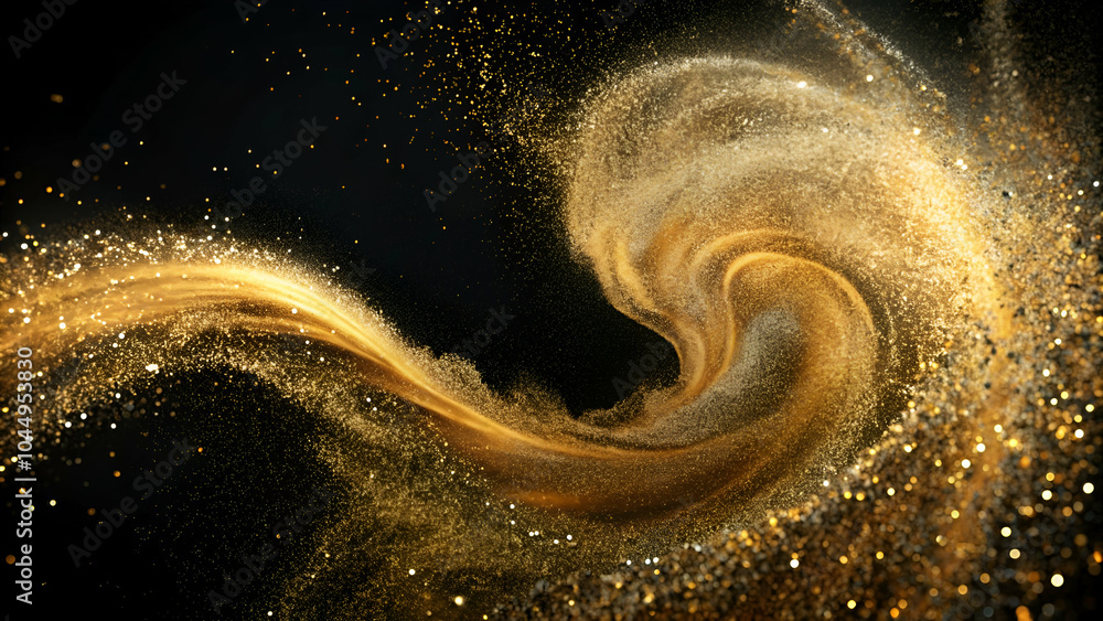 Glittering gold dust and fine sand swirling against a black background, resembling a storm of ...