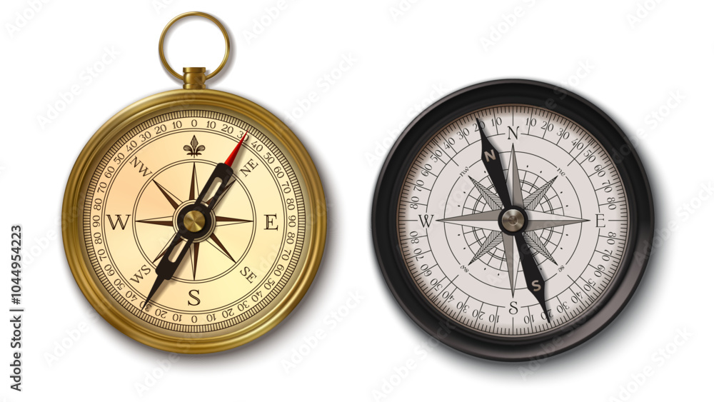 Realistic antique bronze and brass compass with wind rose arrows ...