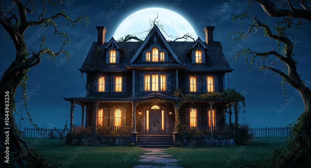Spooky haunted house illuminated by moonlight background eerie mansion ...