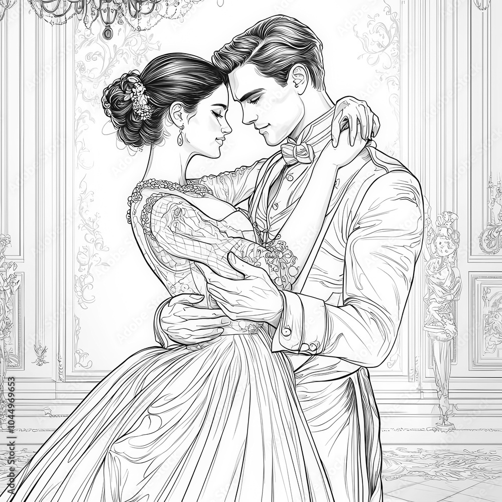 An elegant ballroom filled with dancing couples, anime coloring page ...