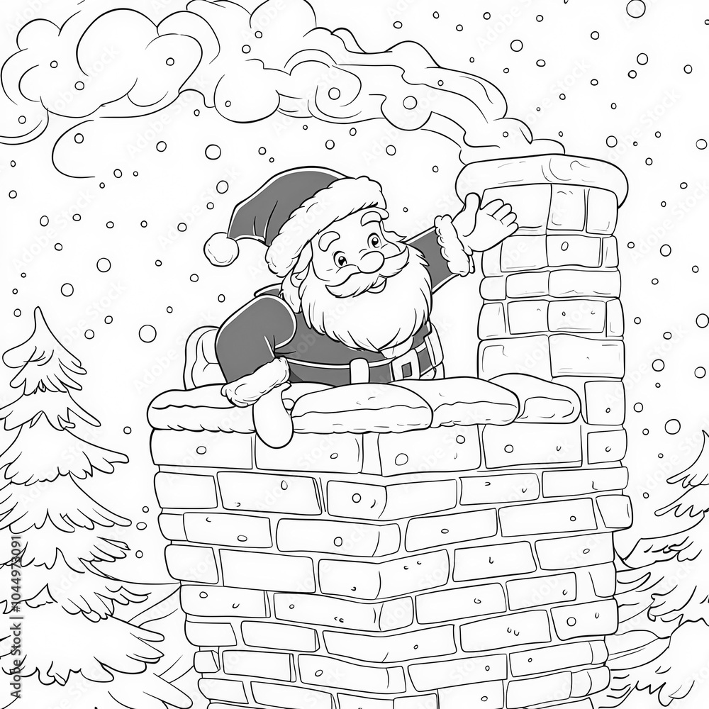 Santa Claus sliding down a chimney, coloring page for kids, simple ...
