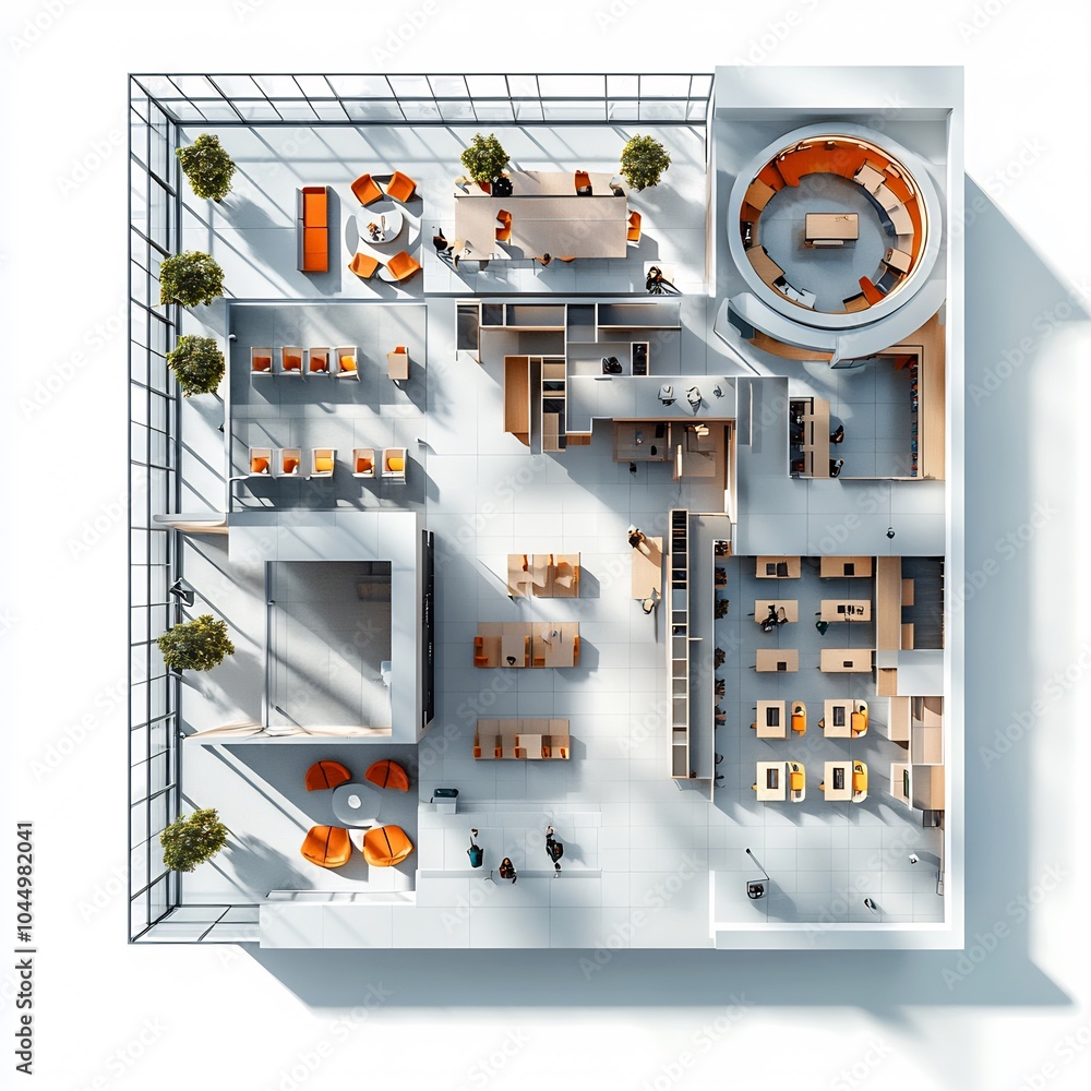 Top view 3D render of modern campus student center with open lounges ...
