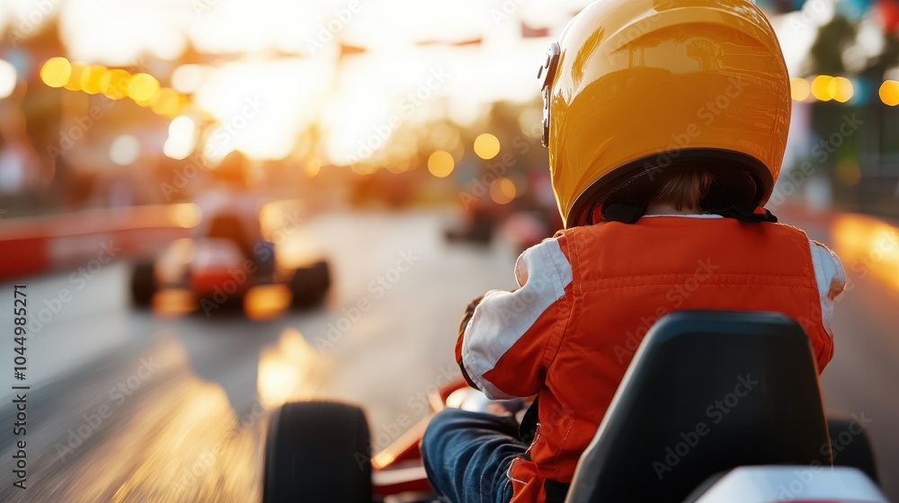 The image captures a child sporting an orange racing suit and helmet ...