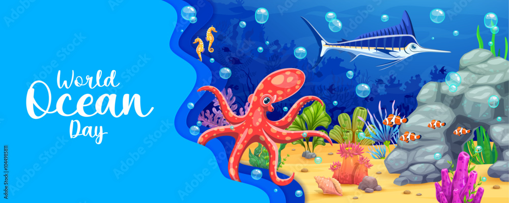 Underwater landscape paper cut banner with octopus and swordfish among ...