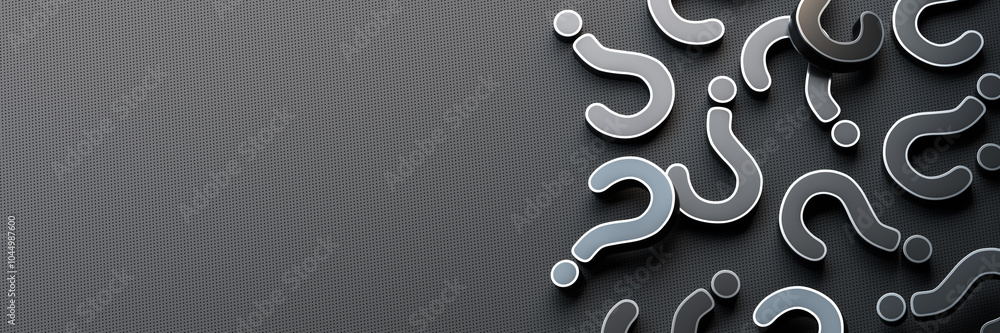 Black question mark on black background with empty copy space on left ...