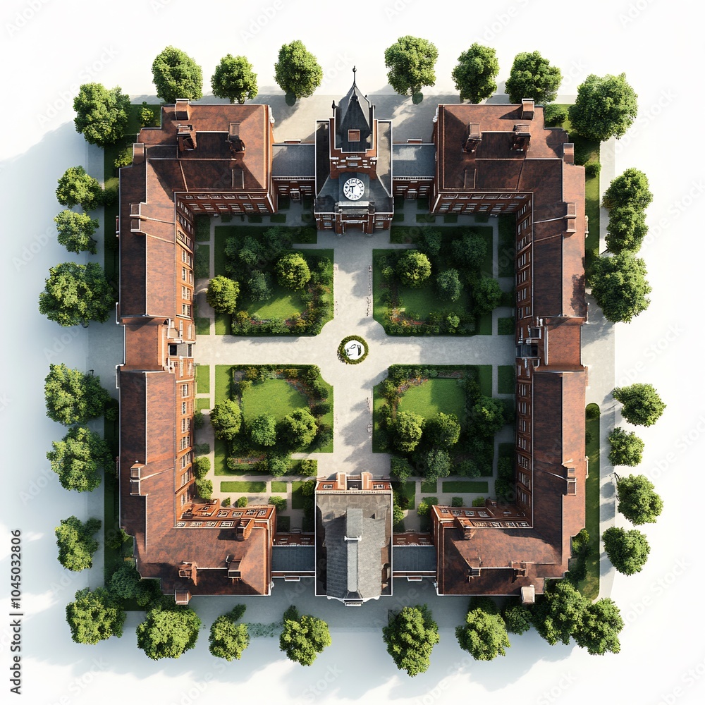 Top view of traditional redbrick school building with a central clock ...