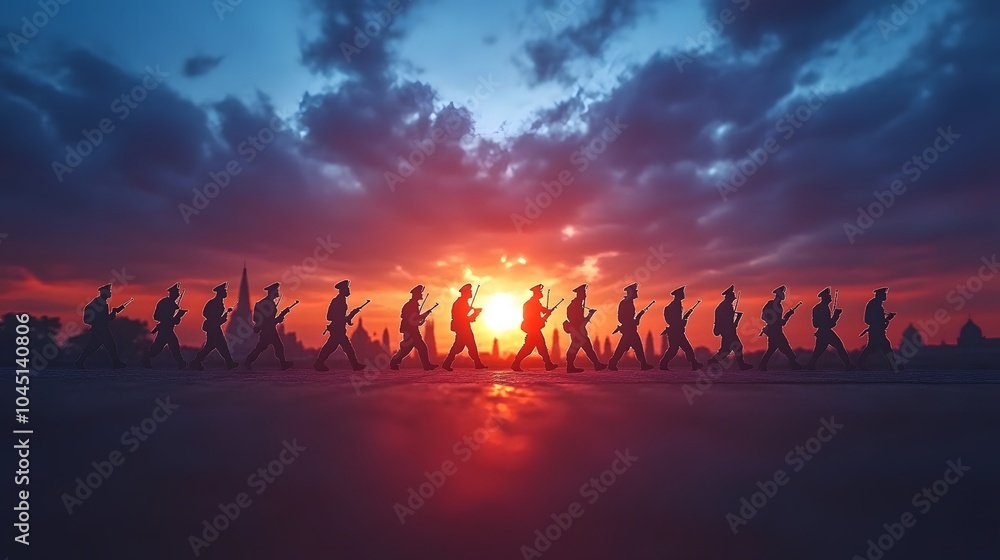 Papercut style of marching soldiers with tricolor flags and Ashoka ...
