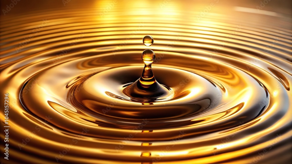 Extreme close-up of golden oil drop creating ripples on water surface ...
