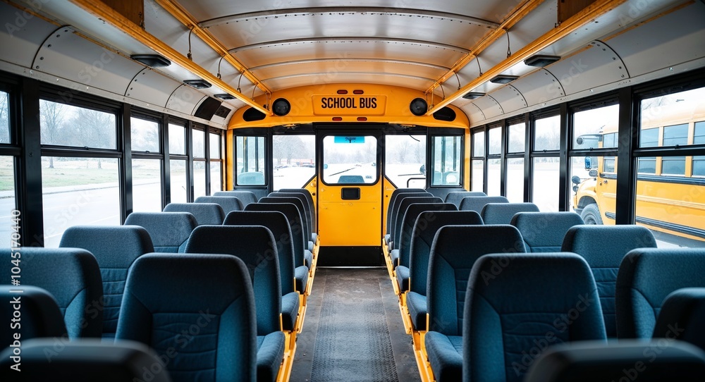 Empty school bus interior background rows of empty seats inside a brightly lit yellow school bus ...