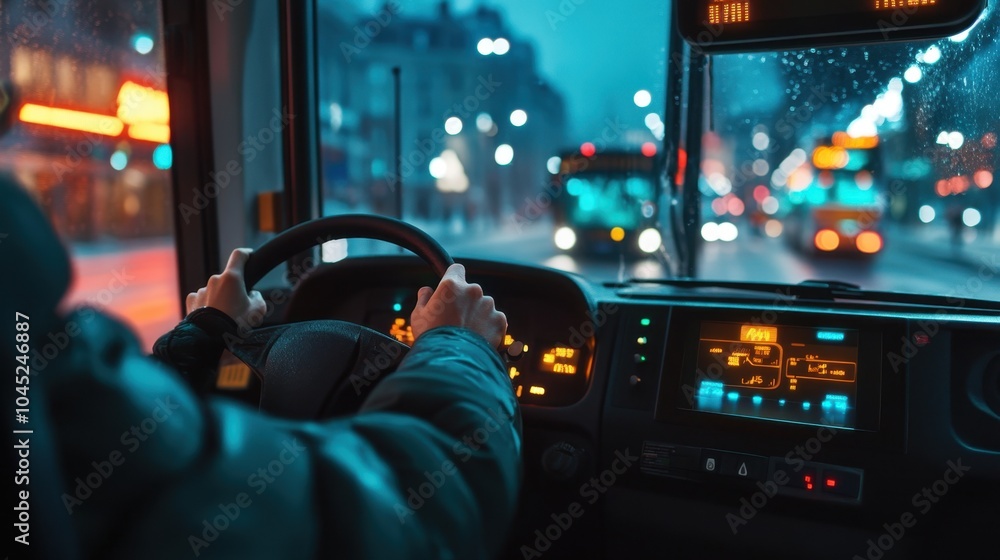 Driver's hands on a bus steering wheel, interior cabin in focus with ...