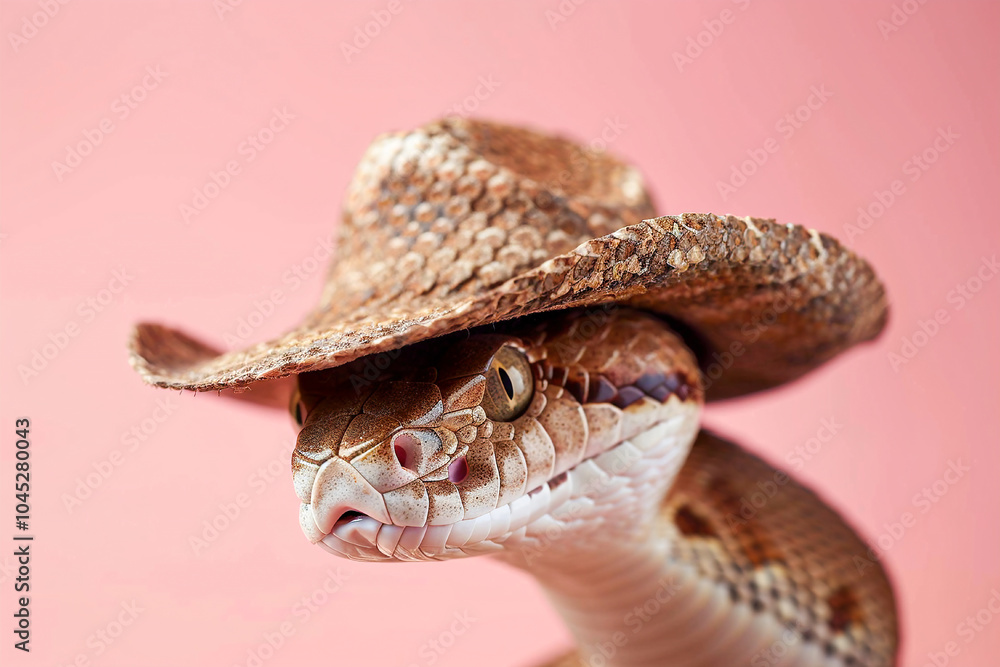 Snake wearing a cowboy hat with a pink background, showing a unique and ...