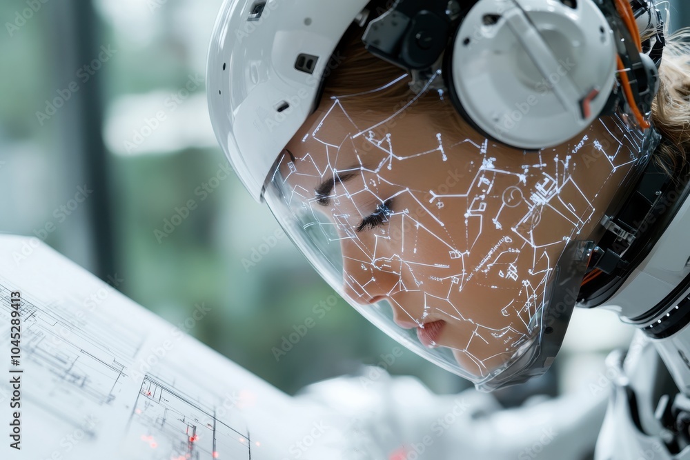 A humanoid robot closely examines a digital blueprint, the transparent ...