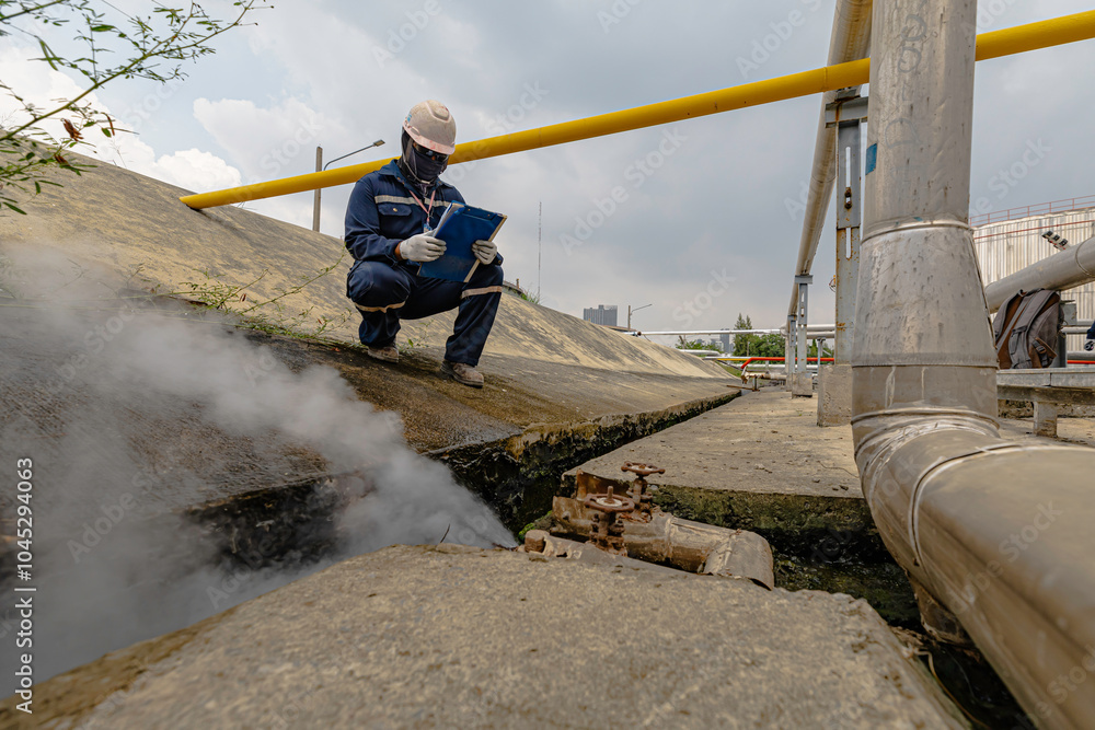 Male worker inspection visual pipeline oil and gas corrosion rust ...