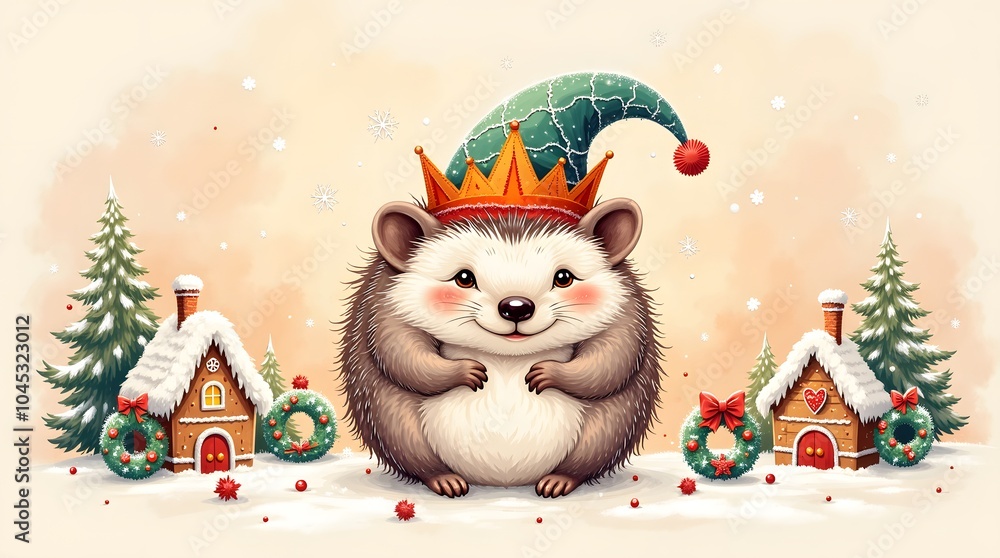 Smiling hedgehog king in a winter wonderland, wearing a crown and elf ...