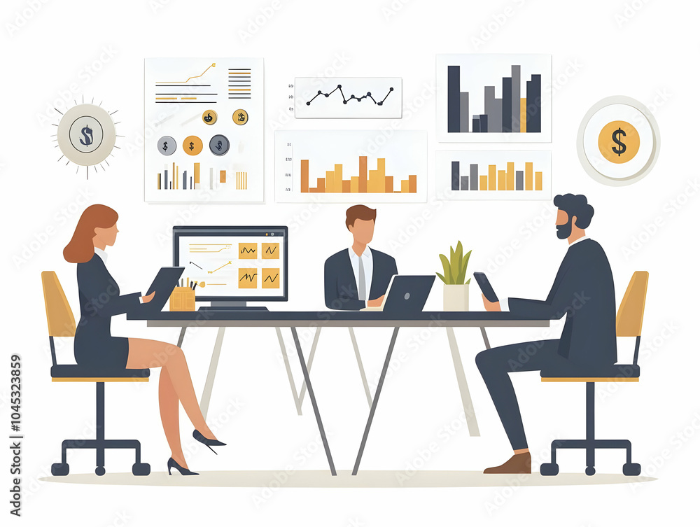 Flat Marketers Analyzing Sales Data Currency Symbols Open Office Candid ...