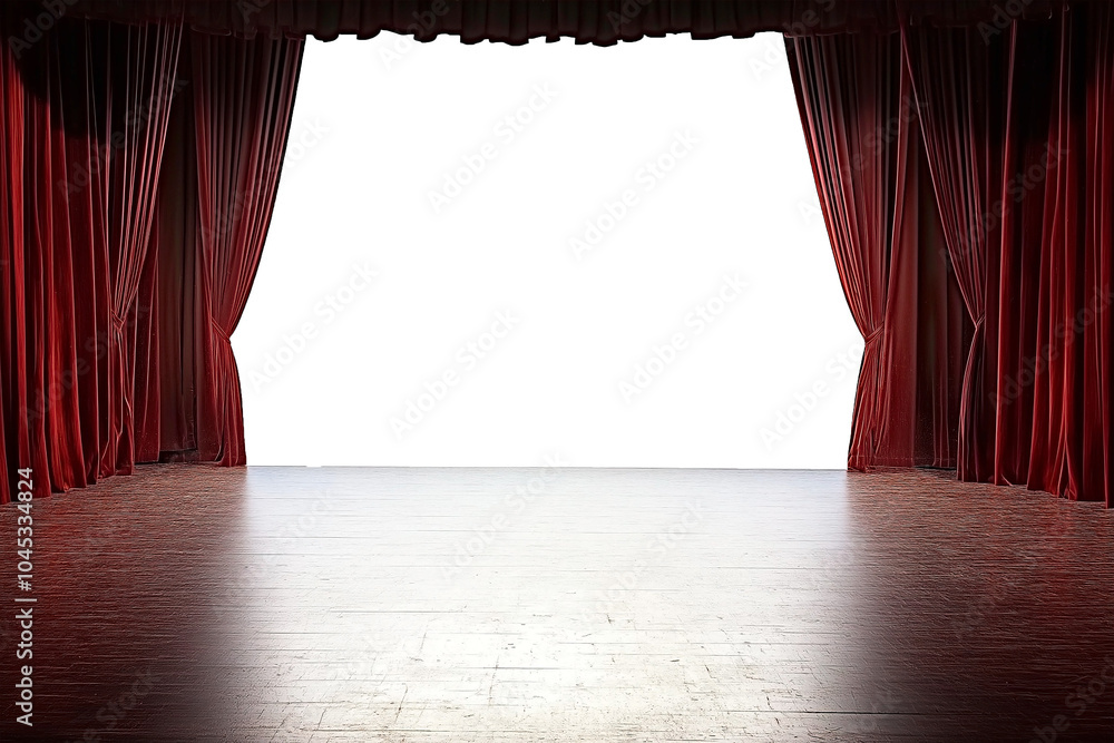 Theater stage with red curtain opening toward blank space background ...