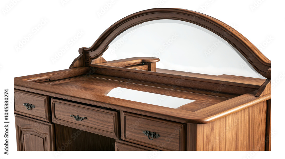 Elegant wooden dressing table with a curved mirror and multiple drawers ...