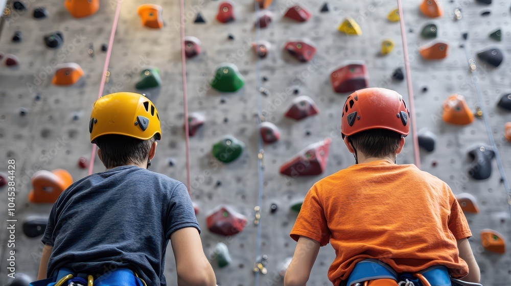 Two children prepare to climb a colorful indoor rock wall, showcasing ...