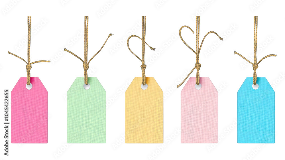 Colorful blank tags with strings on a transparent background for ...