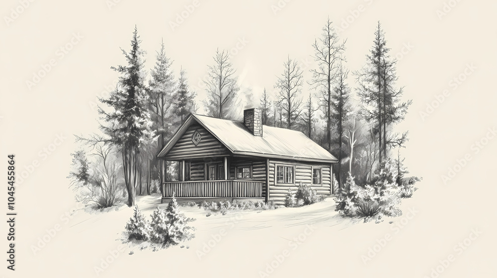 A detailed pencil sketch of a cozy cabin in the woods, surrounded by ...