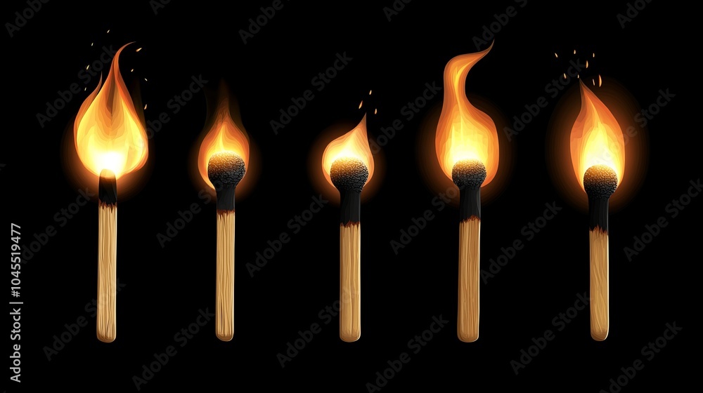 Burning match animation kit. Wood whole matchstick with sulfur head ...