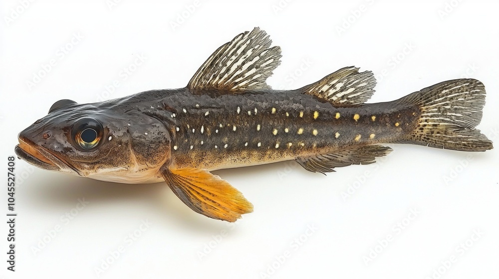 Mudfish Neochanna rests on a white background displaying its distinct markings and colors. This ...