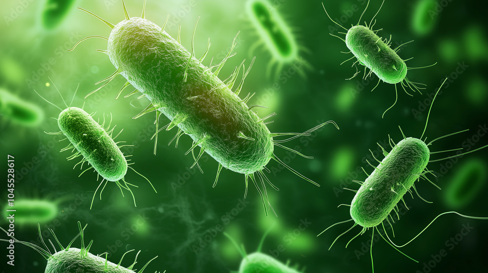 Detailed image of E. coli Escherichia coli bacterial cells floating in ...