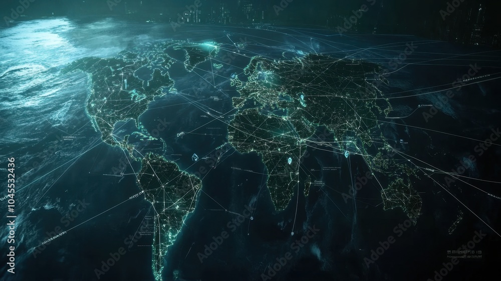 A modern world map with digital lines connecting key trade hubs across ...